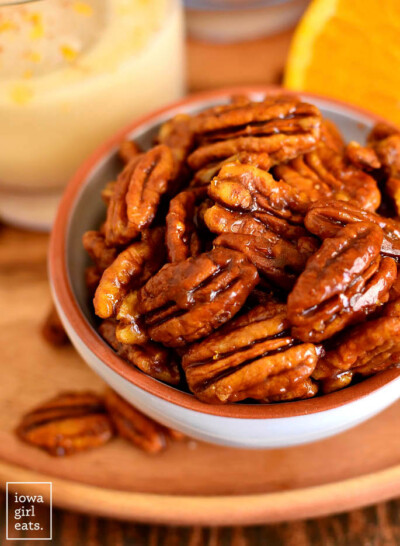 Orange Candied Pecans with Spiked Eggnog - Iowa Girl Eats